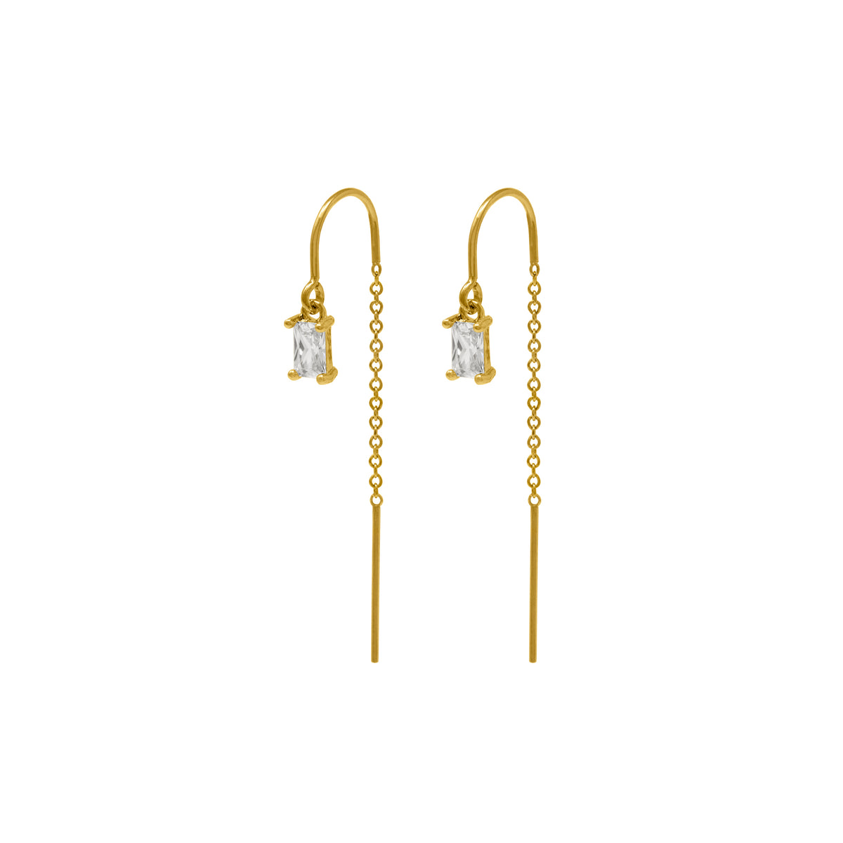 Dainty threader earring with chain and baguette zirconia in 14k gold ...
